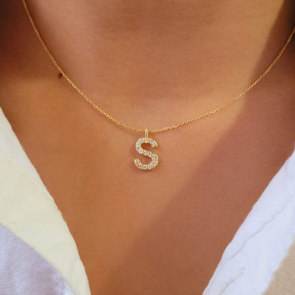 14k Gold Diamond Initial Necklace, Diamond Letter Necklace, Dainty Ini ...